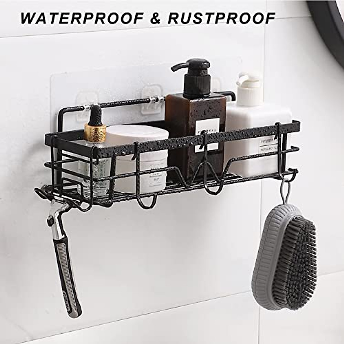 Shower Caddy Basket, Adhesive Shower Shelves with 3 Hooks/1 Soap Holder, No Drilling Bathroom Storage Organizer Rack Stainless Steel Black Shower Self for Inside Shower, Kitchen, Restroom, Toilet