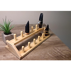 Saxophone mouthpiece wooden stand holder rack for 12 mouthpieces.