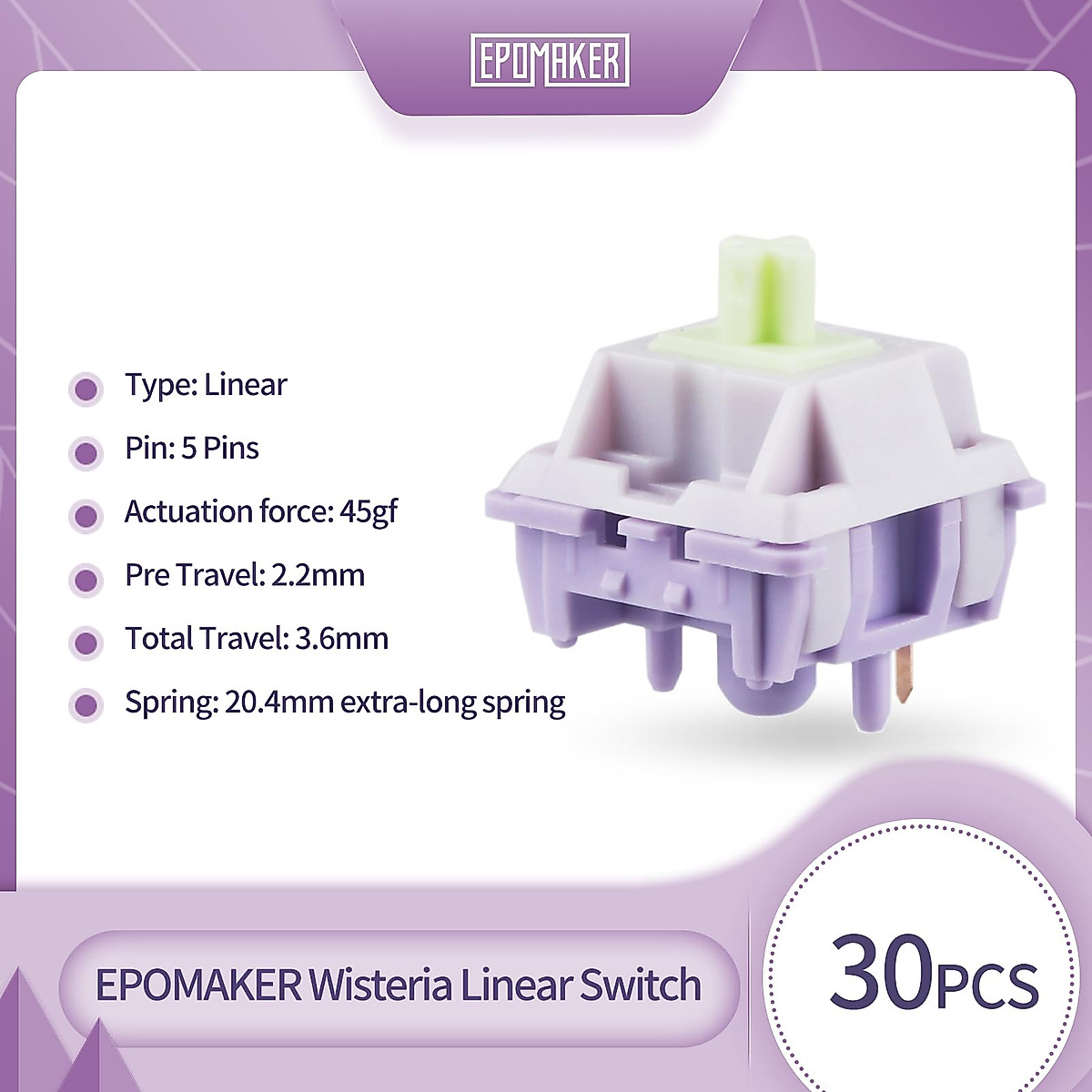 EPOMAKER Wisteria 39gf Linear Mechanical Keyboard Switches, 5-Pin Pre Lubed Creamy Switch, 30 PCS, with POM PTFE Stem, 20.4mm Spring, Compatible with MX Keycaps for Gaming Keyboard