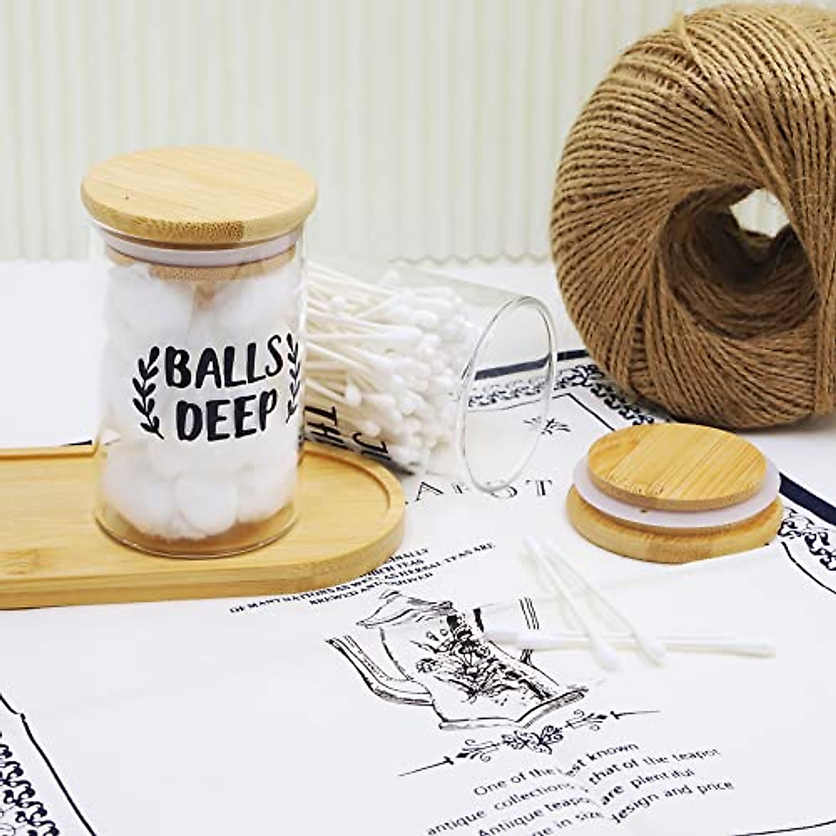 Glass Qtip Holder and Cotton Ball Holder Set with Bamboo Tray, Apothecary Jars with Lids for Bathroom Organization, Clear Farmhouse Bathroom Dispenser Canisters Organizer for Swabs Pads Balls Jewelry
