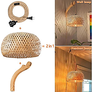 Bamboo Lantern Plug in Wall Sconce Or Hemp Rope Pendant Lamp with LED RGB Bulb, Rattan Wall Lamps, Wood Shelf Brackets, Boho Wicker Hanging Light with 9.8 FT Plug in Cord for Living Room, Bedroom