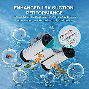 Ofuzzi Cyber 1200 Cordless Robotic Pool Cleaner, Max.120 Mins Runtime, 3H Fast Charge, 1.5X Suction Power Automatic Pool Vacuum for Above/In Ground Pools Up to 1076ft² of Flat Bottom (Grey)