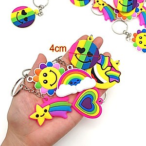 JZK 30 Pcs Rainbow keyrings set for kids, rubber smile face keychains for children birthday party favours, kids party bag fillers thankyou gift