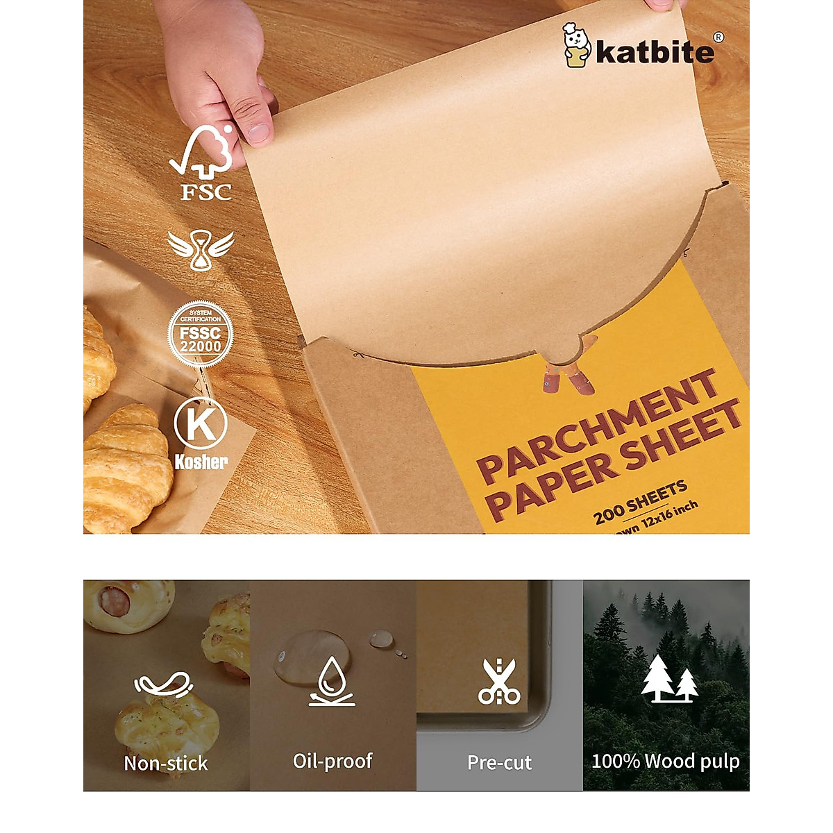 Katbite 200Pcs 12x16 In Unbleached Parchment Paper for Baking, Precut Parchment Paper Sheets, Heavy Duty Flat Baking Paper, Half Sheet Baking Sheets for Baking Cookies, Cooking, Air Fryer, Oven
