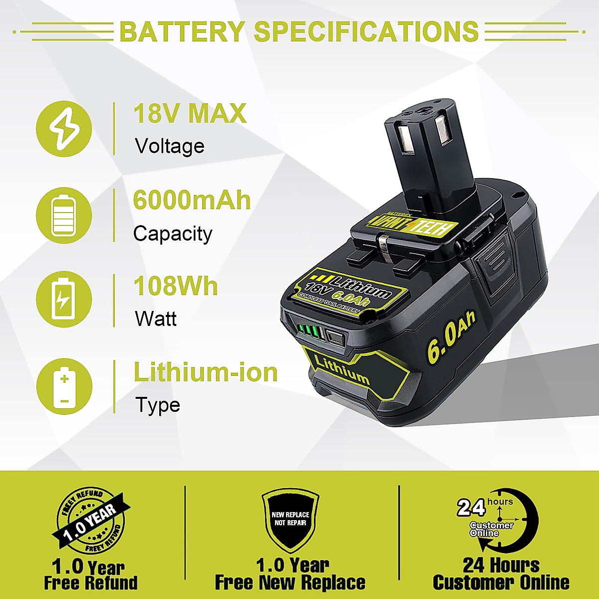 VANTTECH 2Pack P108 18V 6.0Ah Lithium Replacement for Ryobi 18V Battery P102 P103 P104 P105 P107 P108 P109 Compatible for Ryobi 18V Cordless Tools