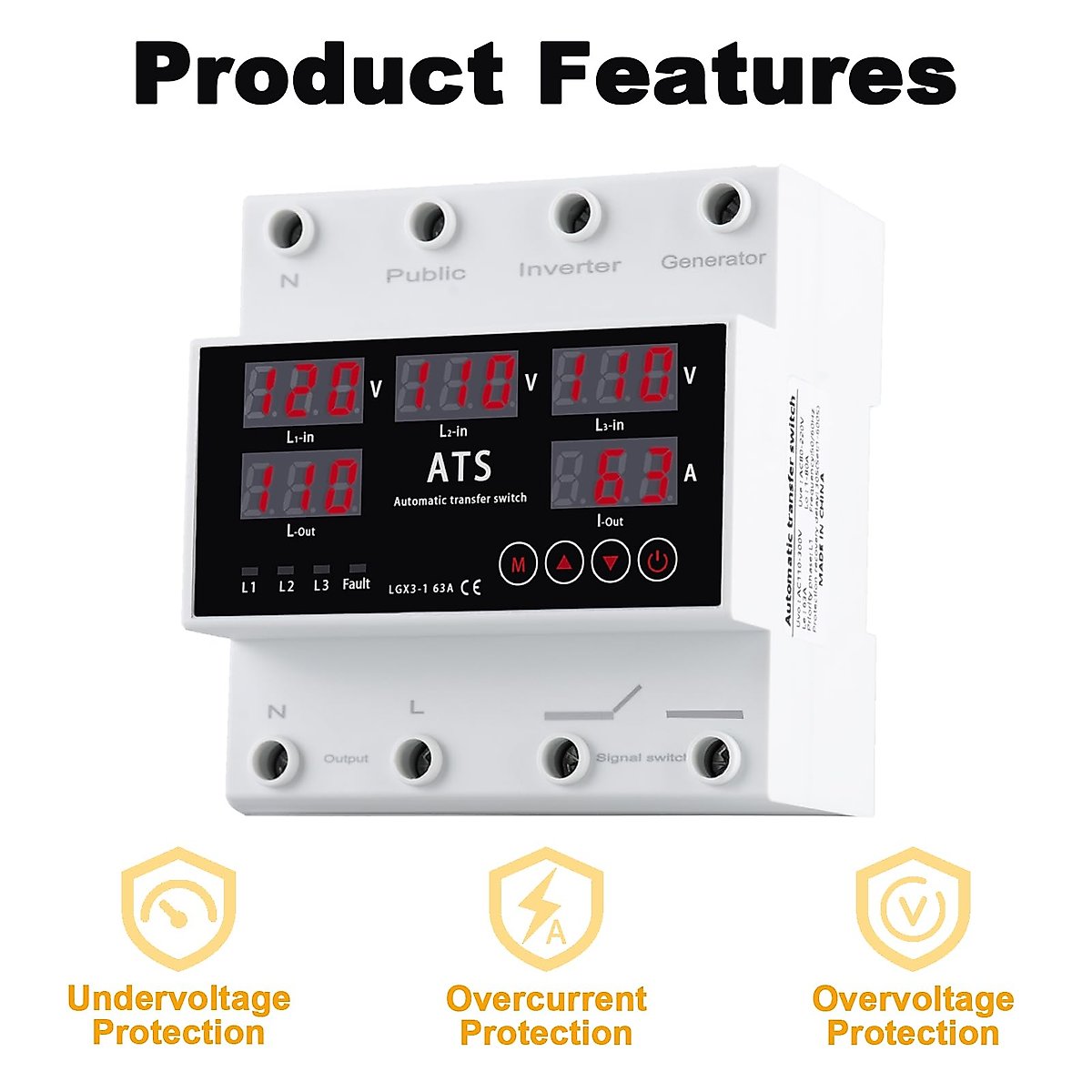 Automatic Transfer Switch,Automatic Switching Between Utility Power、Generator and Inverter,Overcurrent Protection,Overvoltage and undervoltage Protection,63A