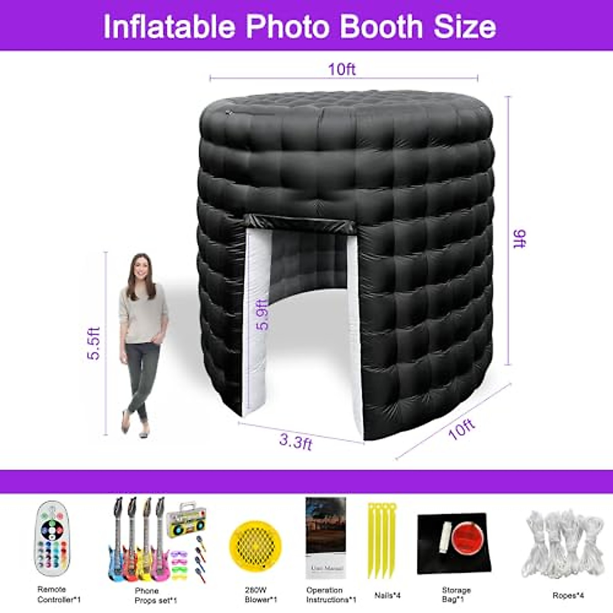 Inflatable Photo Booth Enclosure, 10 * 10 * 9ft Portable 16 Colors Shooting Tent for 360 Photo Booth Machine with 2 Doors, Inner Air Blower, Remote Controll Booth Tent for Wedding Birthday Parties