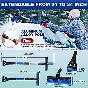 34" Extendable Ice Scrapers for Car Windshield 2-in-1 Snow Brush for Car Snow Scraper for Car Snow Scraper and Drush with Ergonomic Foam Grip for Cars, Trucks, SUVs with 360° Pivoting Brush Head