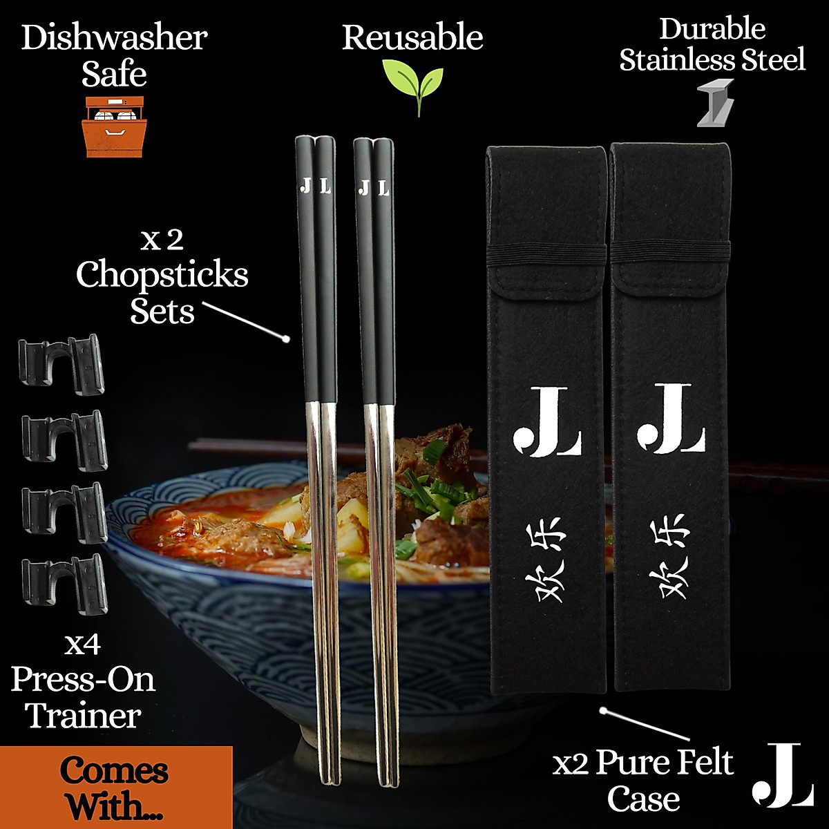 Jean Lemond: Introducing The Sushi Sticks - 2 Pairs Of Reusable Helper Chopsticks - Perfect Practice For Beginners - Metal Training Tool With Case Great For Adults & Kids (Crisp Black, 2pcs)