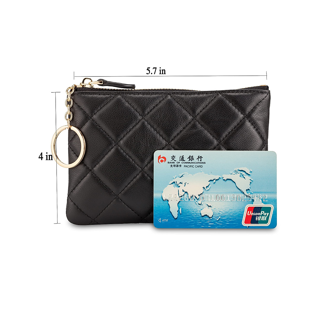 DORIS&JACKY Soft Lambskin Leather Coin Purse Small Quilted RFID Blocking Top Zipper Wallet With Keychain (Black)
