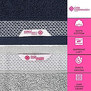 CASA COPENHAGEN Solitaire Designed in Denmark 600 GSM 2 Bath Towels 2 Hand Towels 2 Washcloths, Super Soft Egyptian Cotton 6 Towels Set for Bathroom, Kitchen & Shower - Grey Violet + Navy Blue