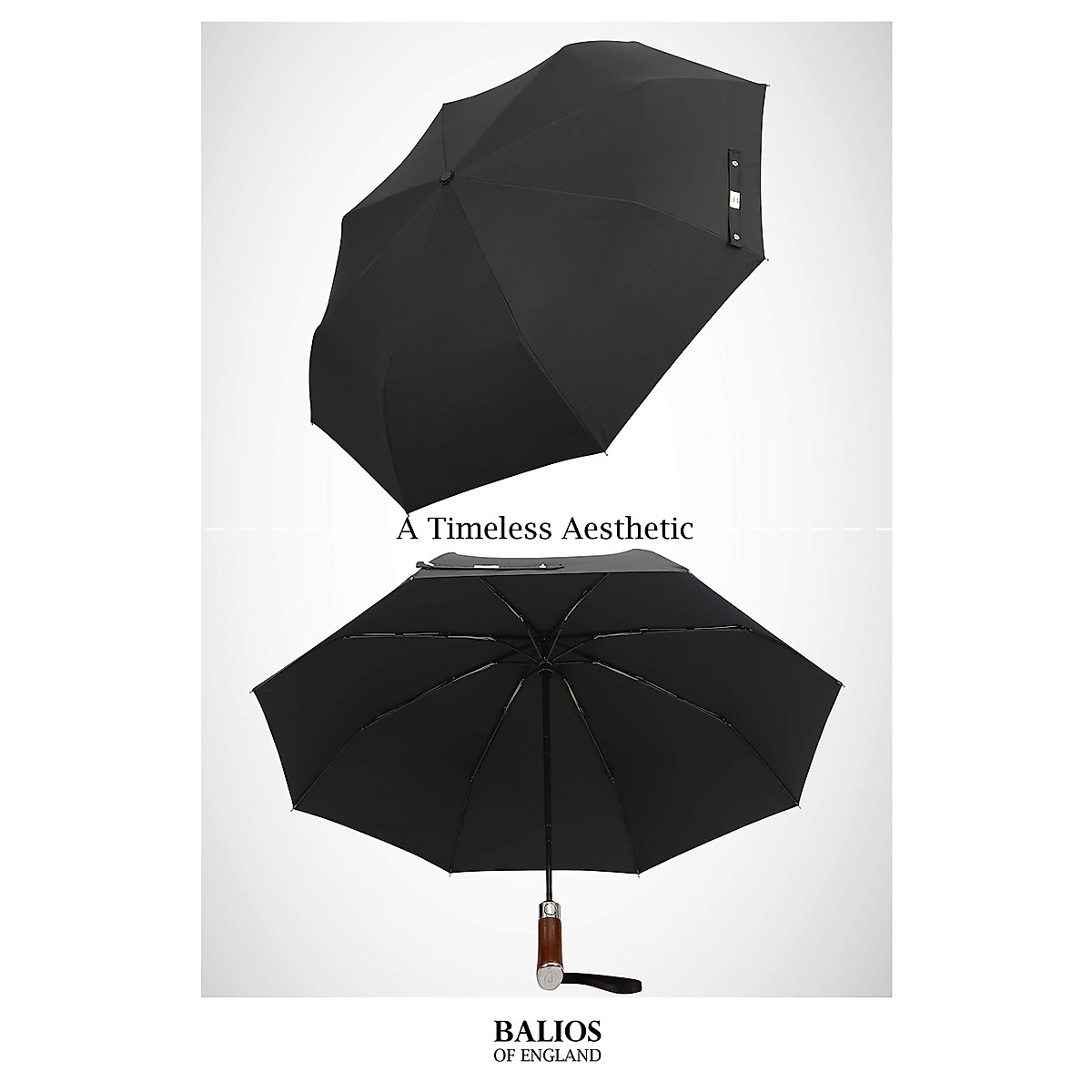 Balios (Designed in UK) Travel Umbrella Luxurious Golden Hardwood Handle Auto Open & Close Windproof Frame Single Canopy Automatic Folding Umbrella Men's & Ladies (Jet Black)