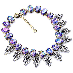 Zthread Luxury Colorful Crystal Statement Necklace Leaf Pendant Choker Eveing Dress Bridal Jewelry Necklace Earrings Set for Women (Purple)