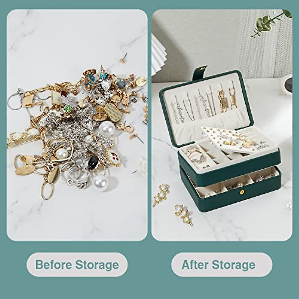 BUTI4WLD Travel Jewelry Organizer, PU Leather Small Jewelry Organizer for Women Girls, 2 Layers Portable Travel Jewelry Case for Stud Earrings, Rings, Necklaces, Bracelets (Green+Small)