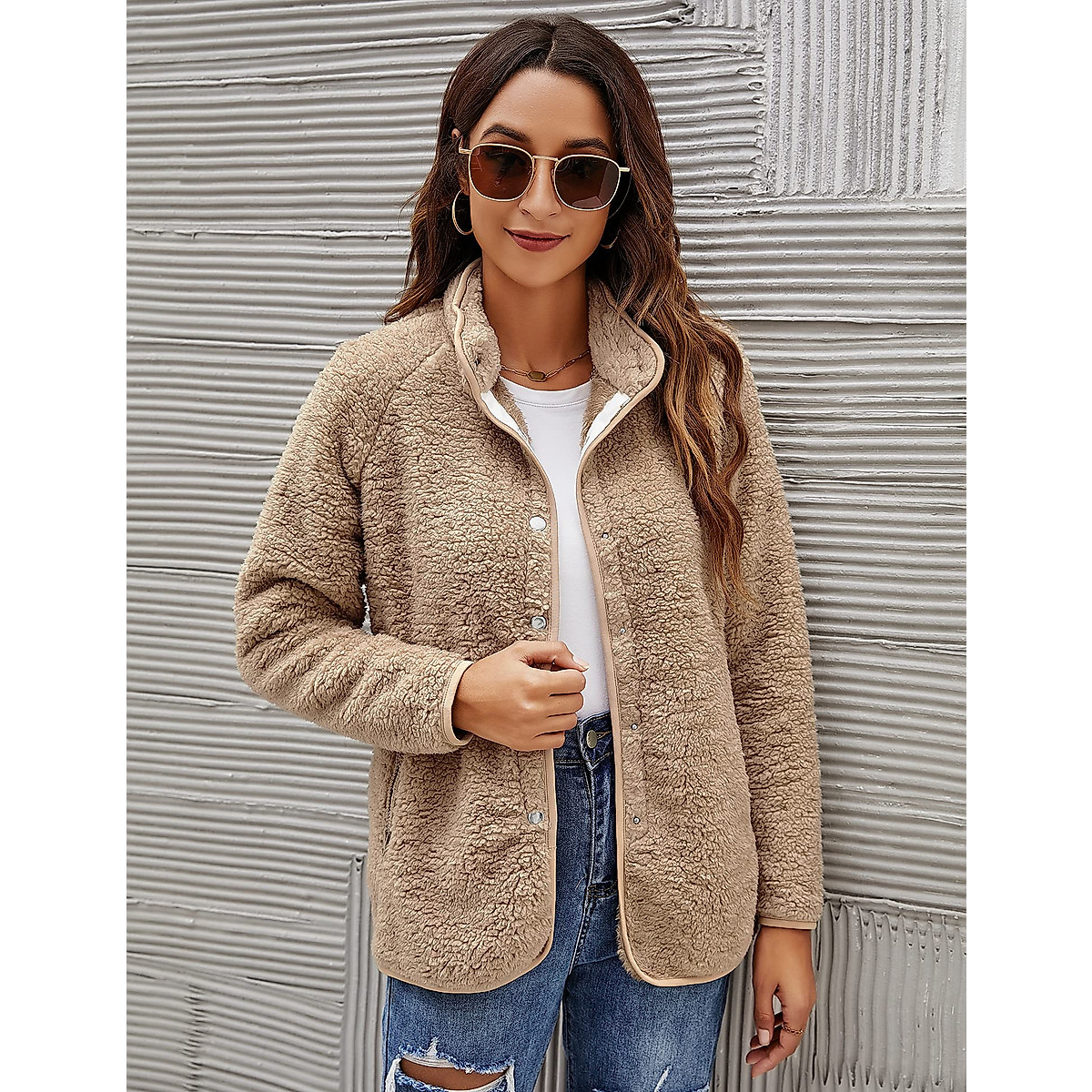 Micoson Cardigan for Women Oversized Fuzzy Fleece Long Sleeve Open Front Hooded Jacket Coat Winter Outwear with Pockets