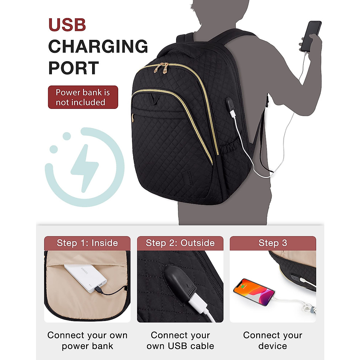 BAGSMART Travel Laptop Backpack Women 17.3 Inch Computer Backpack with USB Charging Port College Bookbag Work Business, Quilted Black