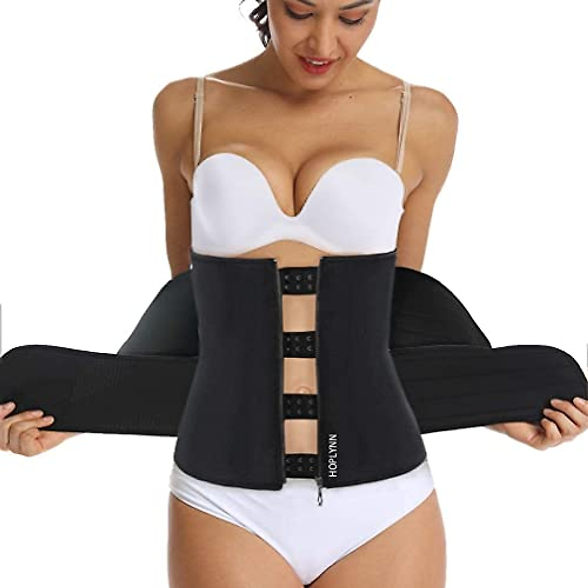 HOPLYNN Sweat Waist Trainer for Women Two Belts, Neoprene Workout Corset Waist Trainer Cincher Trimmer Shaper Zipper Black Small