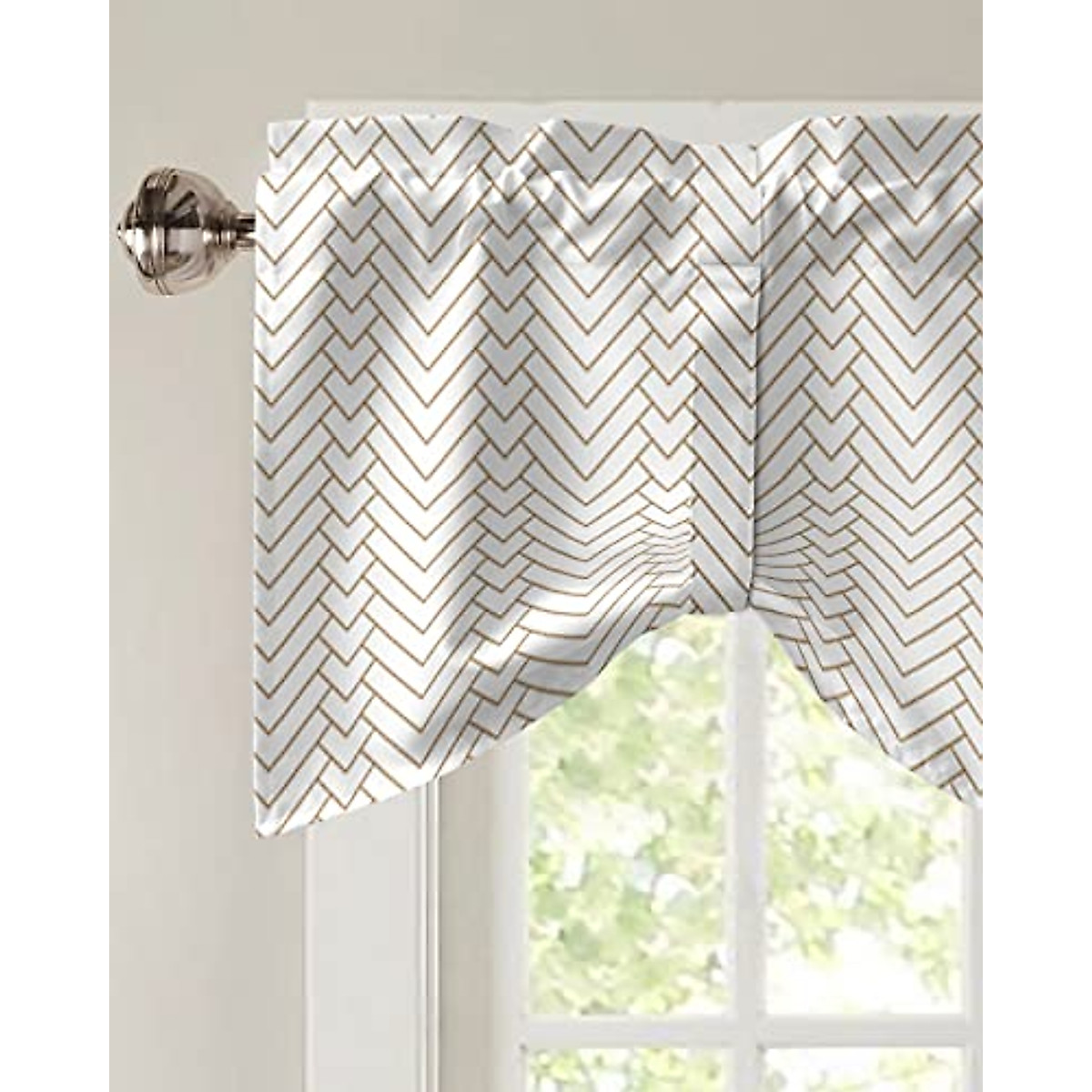 Semi Sheer Valance Adjustable Kitchen Valance for Windows, Modern Herringbone Geometric White and Gold Valances for Bathroom Bedroom Living Room, Tie-up Rod Pocket Decorative Window Curtain 42"x18"