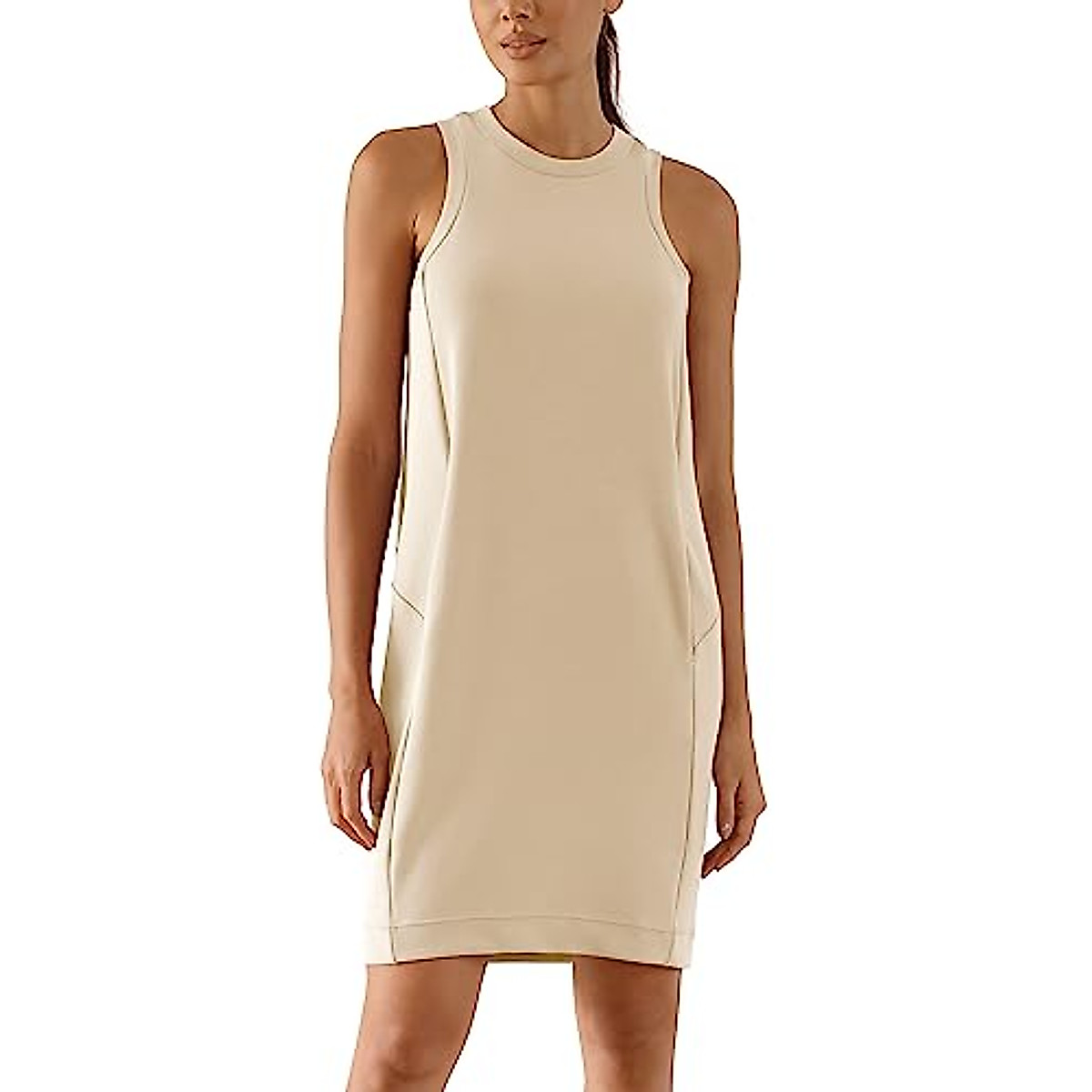 ODODOS Modal Soft Loose Tank Dress for Women Casual Sleeveless Sundress with Kangaroo Pocket Summer Dress, Ivory, X-Large