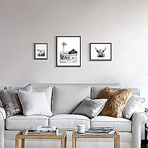 SunFlax Farmhouse Animal Framed Wall Art - Highland Yak and Smoky Mountain Picture with Black Wooden Frames for Bathroom, Living Room, Bedroom, Office