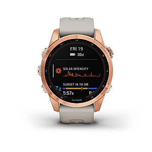 Garmin Fenix 7S Solar Edition Smart Watch Rose Gold with Light Sand Band (42mm) + Watch Charging Stand + USB Car/Wall Adapter + 6TH AVE Cleaning Kit (010-02539-10)