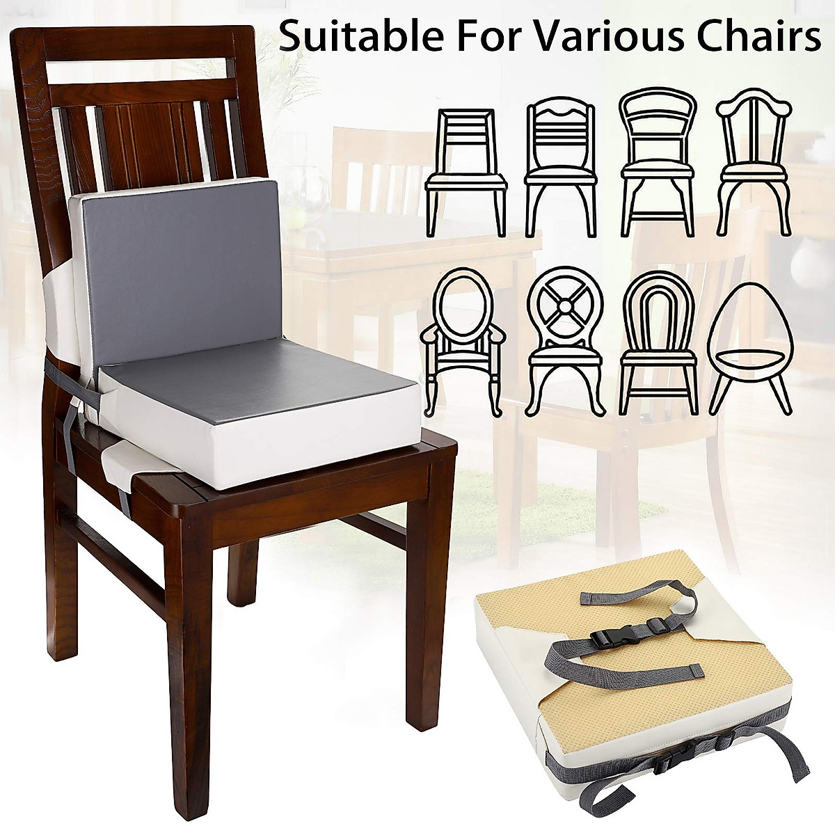 Sumnacon 2Pcs Chair Increasing Cushions - Baby Toddler Kids Infant Portable Dismountable Adjustable Highchair Booster Cushion Washable Thick Chair Seat Pads Buckle Straps, Grey + Beige