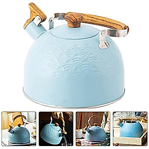 STOBAZA 2.5 Liter Whistling Tea Kettle Whistling Teapot Stainless Steel Tea Pots for Stove Top Whistling Boiling Kettle with Wood Pattern Handle for Tea, Coffee, Milk Tea Pot - Blue