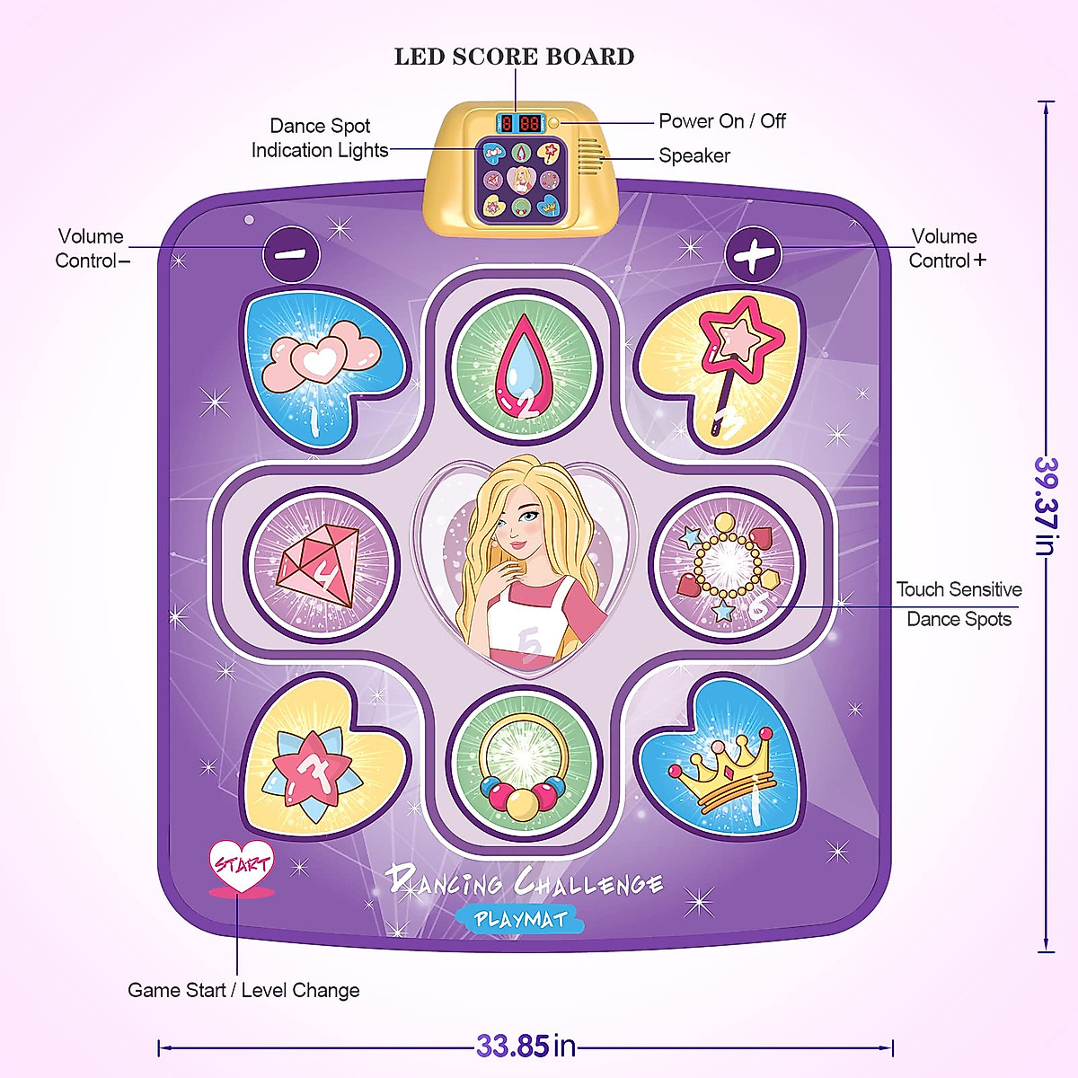 beefunni Dance Mat, Girls Toy Gift for Ages 3 4 5 6, LED Dance Pad with 5 Fun Game Modes, Adjustable Volume, 3 Challenge Levels, Built-in Music, Birthday Present for 3 4 5 6 Year Old Girls(Non-Slip)