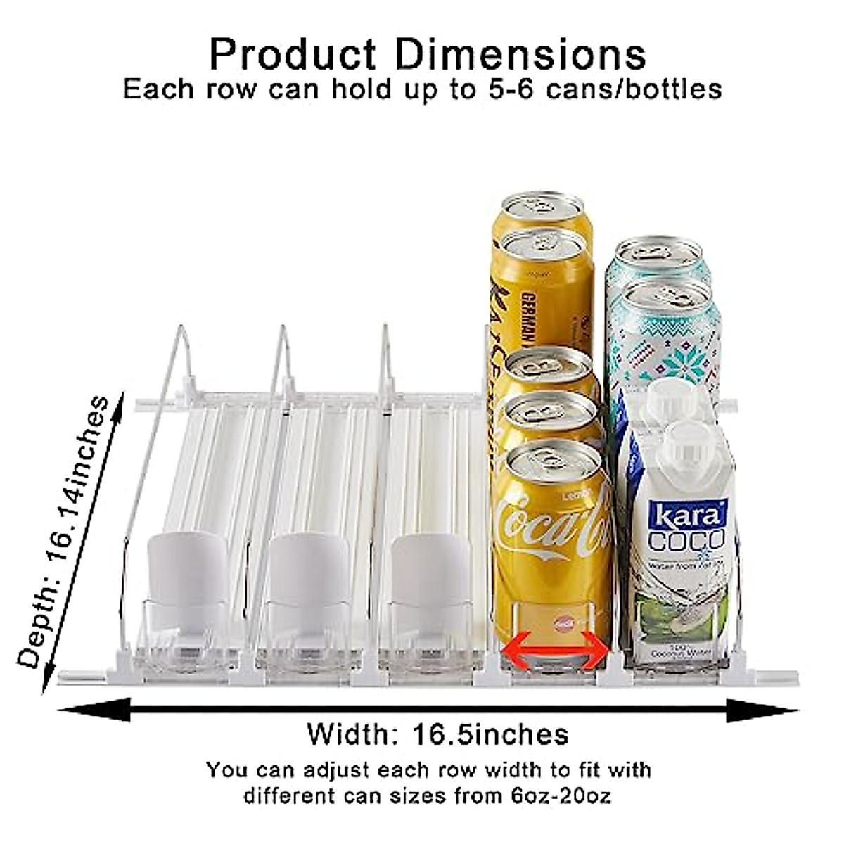 Soda Can Dispenser for Refrigerator, Width Adjustable Self-Pushin Soda Can Organizer, Beer Pop Can Water Bottle Storage for Fridge, Pantry, Kitchen (5 Rows, White)