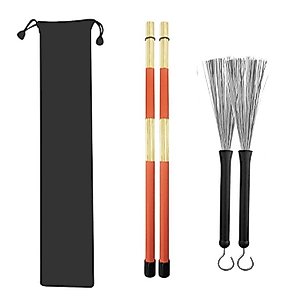 Drum Sticks Set,1 Pair Retractable Drum Wire Brushes and 1 Pair Rods Drum Brushes set for Adults, Rock Band, Jazz Folk Students with Portable Storage Bag