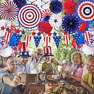 DawnHope 50PCS Patriotic Decorations, 4th of July Independence Day Red White Blue Hanging Paper Fans, Hanging Swirls, Flag Pennant, Foil Fringe, Balloons, Pom Poms Memorial Day Party Supplies Decor