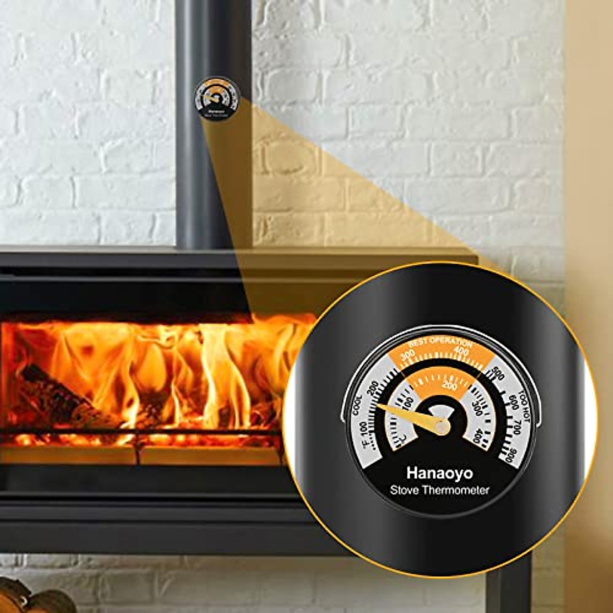 Hanaoyo Magnetic Wood Stove Thermometer Stove Pipe Thermometer, Stove Top Thermometer for Wood Burning Stoves (2, Black with Yellow, small)