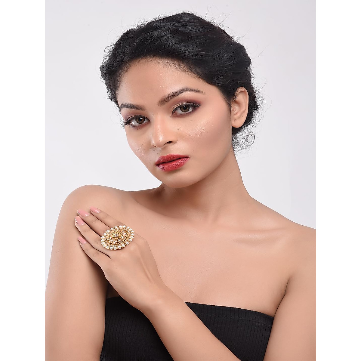 Efulgenz Indian Rings for Women Indian Jewelry Antique Round Faux Pearl Crystal Kundan Bollywood Adjustable Big Ring Finger for Women