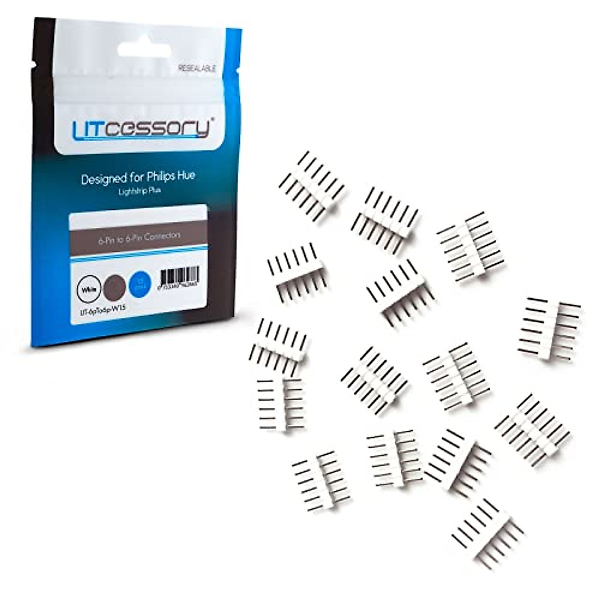 Litcessory 6-Pin to 6-Pin Connector for Philips Hue Lightstrip Plus (15 Pack, White - STANDARD 6-PIN V3)