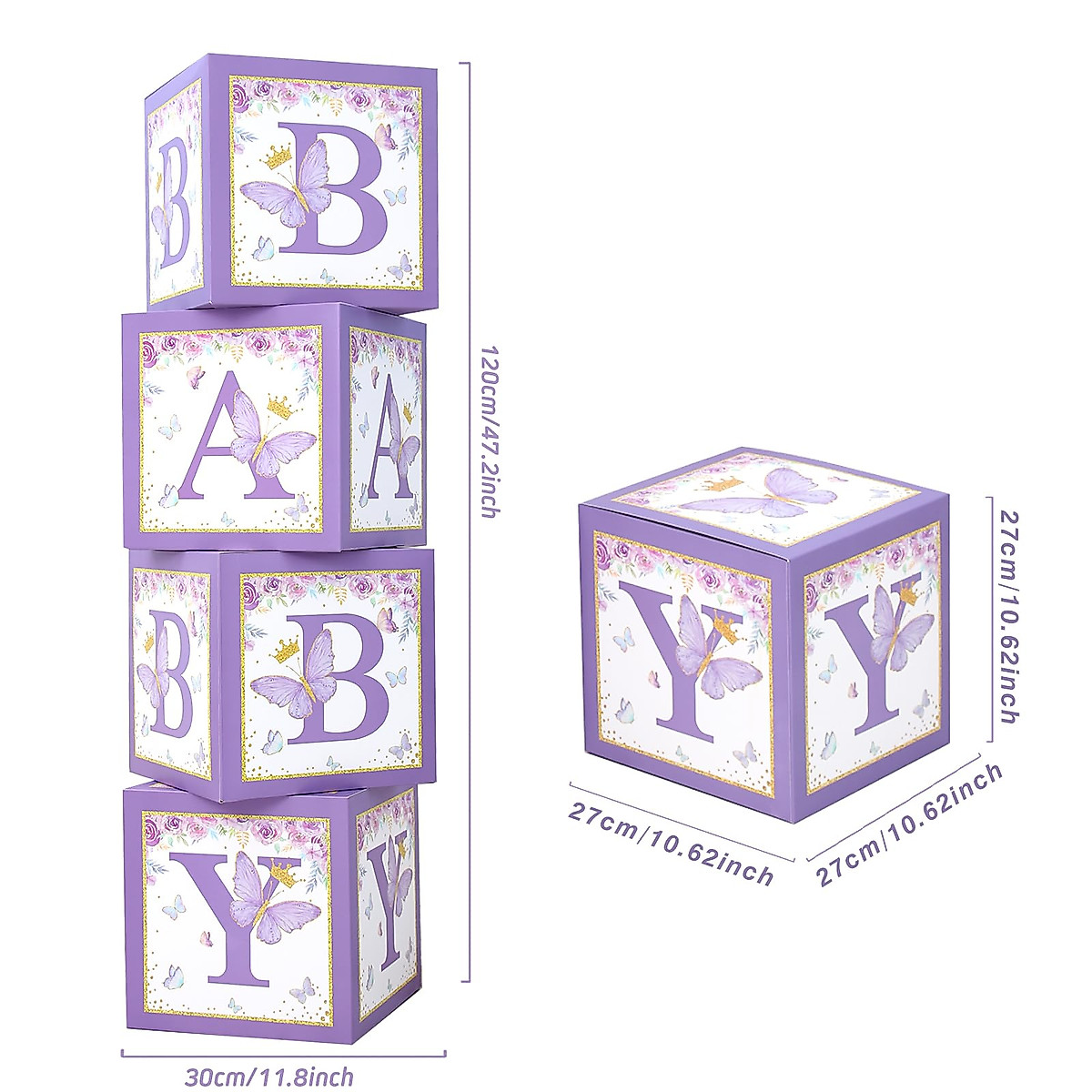 DataMoon Purple Butterfly Baby Shower Boxes Decorations - 4 Purple Balloons Boxes with BABY Letter, Printed Letters,First Birthday Centerpiece Decor, Baby Blocks for Girl, Gender Reveal Backdrop