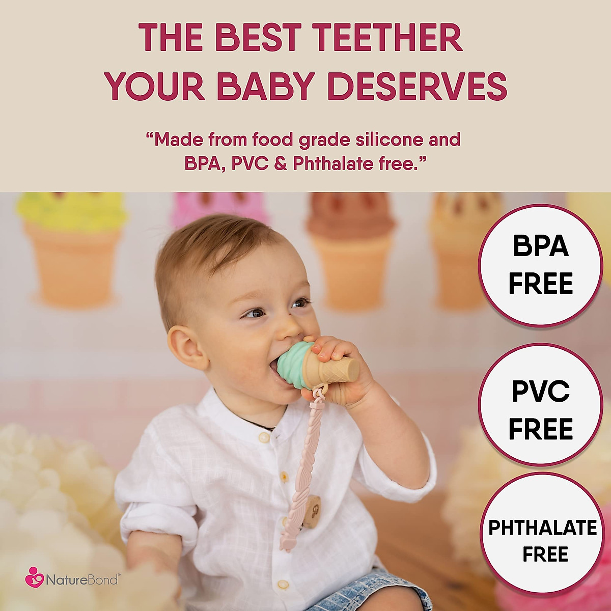 Naturebond Teething Toys - BPA Free Ice Cream Baby Teethers for Babies 0-6 Months, 6-12 Months, Must Have for Baby Teething Relief, Baby Toys 0-6 Months with Free Silicone Sling Pacifier Holder Clip