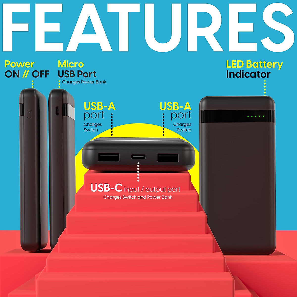 TalkWorks Power Bank Compatible with Nintendo Switch - Portable Charger Power Battery Pack with USB Ports & LED Battery Indicator - Easy-to-Carry External Battery Supply w/ 3-Foot USB-C Cable