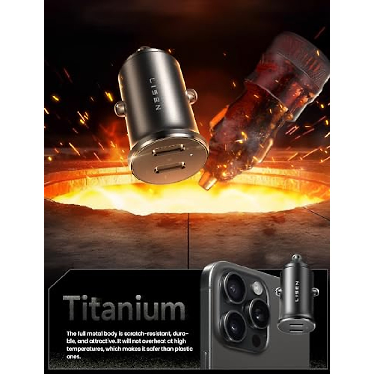 LISEN 90W USB C Car Charger Fast Charging, Dual USB C Port PD 45W Cigarette Lighter Adapter USB C Charger, Super Fast Car Charger USB C with Lightning Cable & USB C Cable for iPhone 15 Pro Max/Samsung