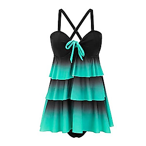 Plus Size Swimming Costume Plump Women Swimwear Tummy Control Full Coverage Ruffled Bohemian Swimdress Swim Suit (Blue, XXXL)