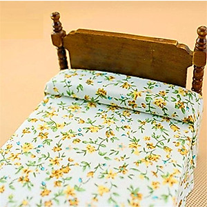 EatingBiting（R） 1:12 Doll Vintage Flower Print Bed, Dollhouse Miniature Furniture Wooden Single Bed Traditional Flower Bed, DIY Scene Doll Home Furniture Craft Accessoreis
