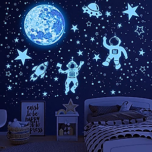 Glow in The Dark Stars for Ceiling Glow in The Dark Moon and Space Wall Decals Luminous Astronaut Universe Planet Galaxy Wall Stickers Outer Space Decal for Kids Boys Girls Bedroom Christmas Gift (Sky blue)