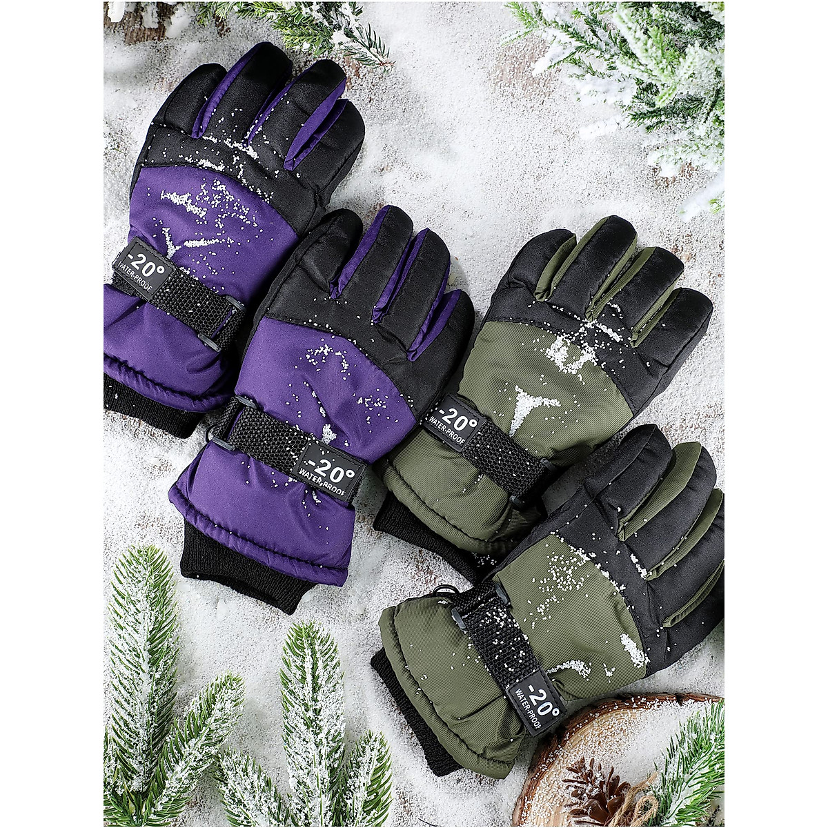 SATINIOR 2 Pairs Kids Waterproof Winter Snow Gloves Ski Gloves for Boy Girl Outdoor Warm Thickening Snowboard(Purple, Dark Green,6-10 Years)