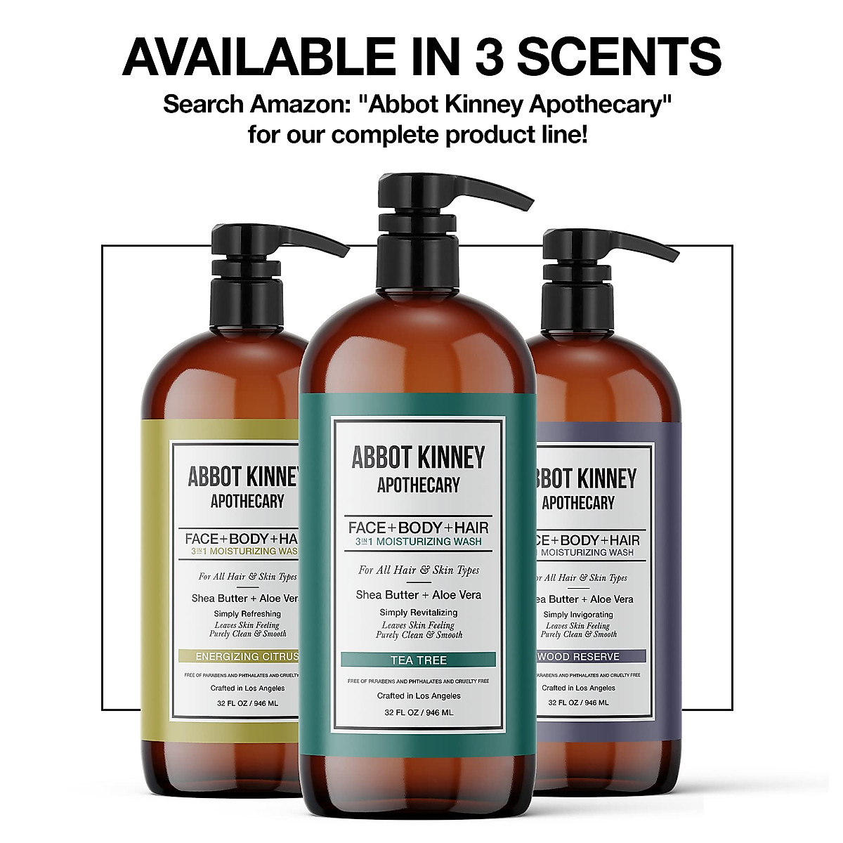 ABBOT KINNEY APOTHECARY Men's 3-in-1 Wash, Moisturizing Shampoo, Conditioner, and Body Wash for Men, Suitable for All Skin and Hair Types, 32oz (Tea Tree)