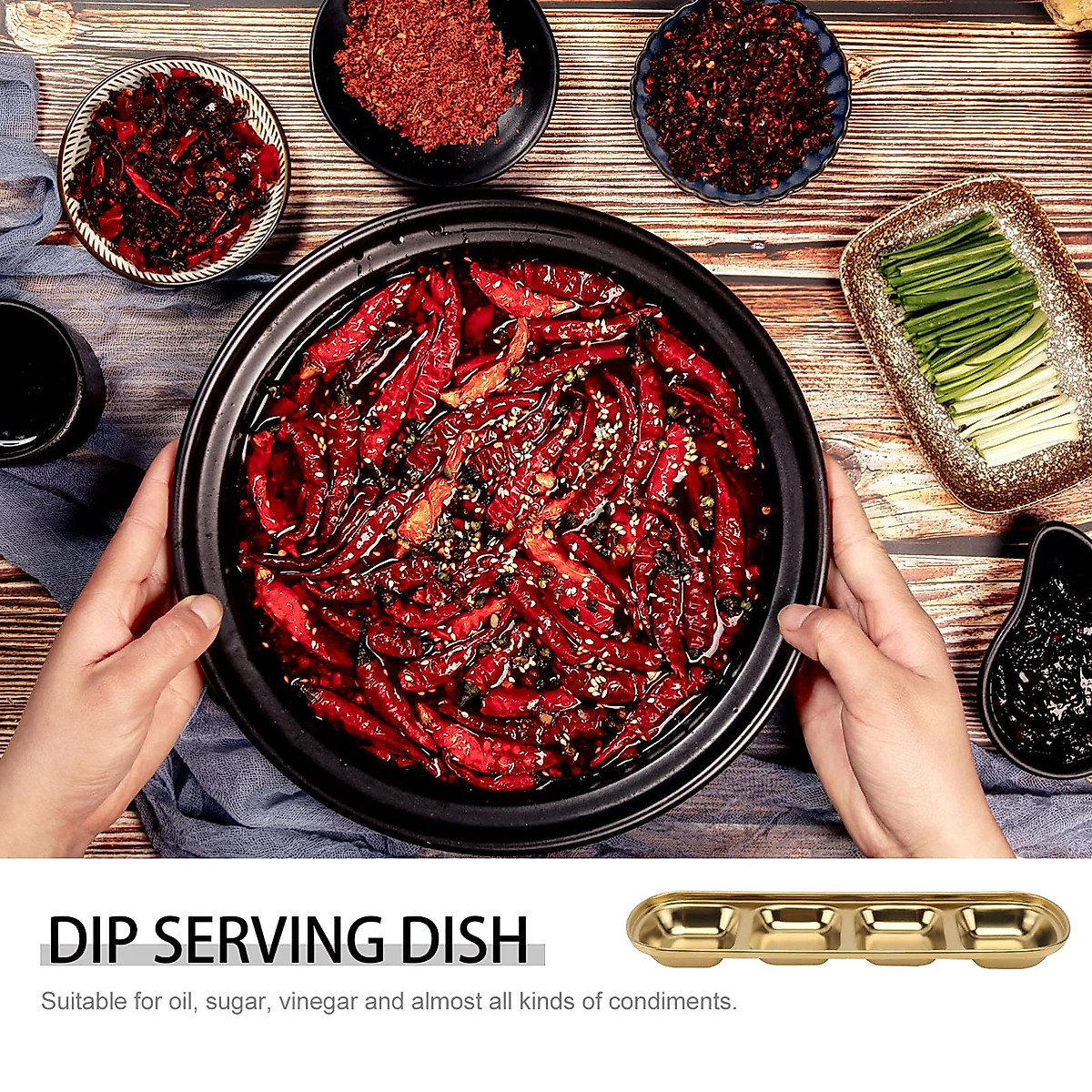 Zerodeko Sauce Dish 4-grid Dipping Tray - Stainless Steel Serving Platter - Condiment Seasoning Dipping Bowl Snack Sushi Tray Sugar Spices Oil Plate for BBQ Hot Pot