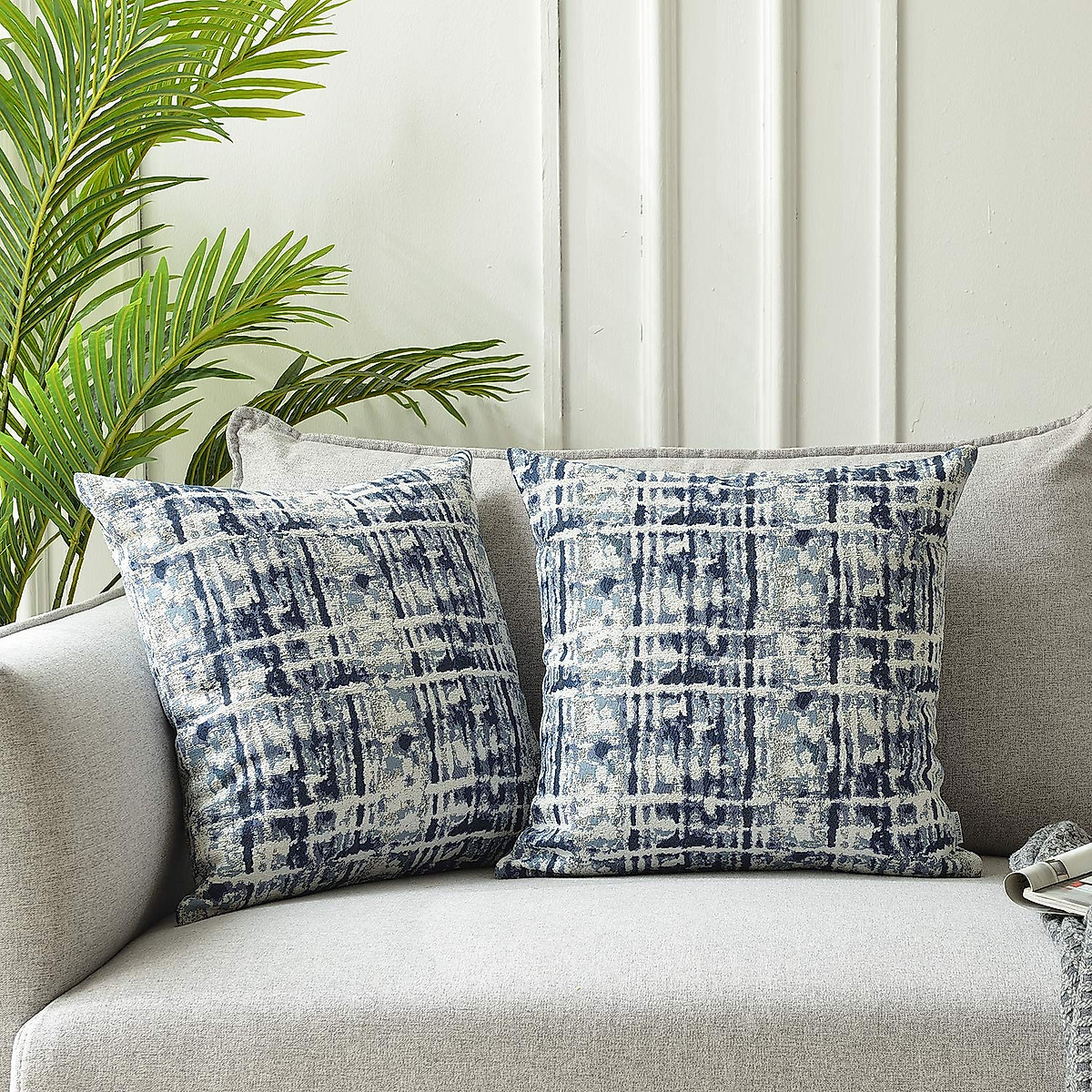 ROMANDECO Jacquard Decorative Throw Pillow Covers for Couch Set of 2, 18x18 Inches, Navy Blue