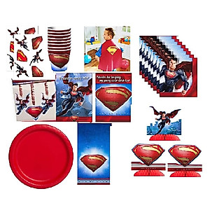 Superman Birthday Party Supplies Bundle includes Plates, Cups, Napkins, Table Cover, Invitations, Thank You Notes, Cape, Hanging Decoration, Centerpiece, Tattoo