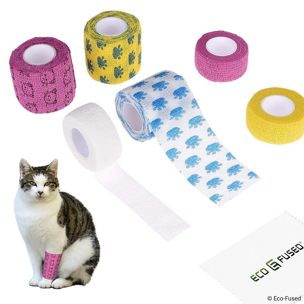 Eco-Fused Self Adhering Bandage - Injury Wrap Tape for Cats - Pack of 6 - Supports Muscles and Joints - Does not Stick to Hair - Elastic, Water Repellent, Breathable - Relieves Stress
