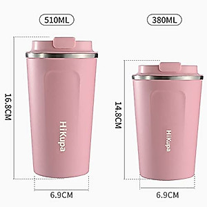 HiKupa Insulated Travel Mug with Lid, 510ml Leakproof Stainless Steel Tumbler, BPA Free, Double Walled Vacuum Coffee Mug, Thermal Cup for Hot and Cold Drinks (17oz, Pink)