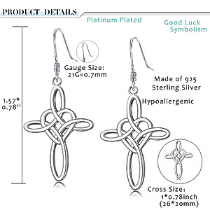 Sllaiss Sterling Silver Celtic Knot Cross Dangle Earrings White Gold Plated Good Luck Vintage Cross Drop Earrings Irish Jewelry (Silver)