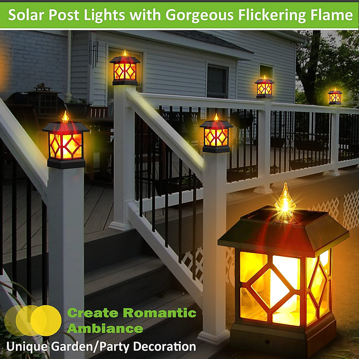 Solar Post Deck Flame Light,Outdoor Dual-Floor Waterproof Solar Post Cap LED Light,4x4 5x5 6x6 3.5X3.5 Fence Post Top Outside Flickering Light Dusk to Dawn for Garden